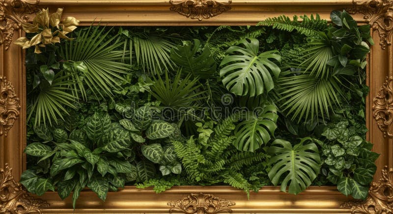 Lush Green Tropical Plants in Gold Frame Stock Illustration ...