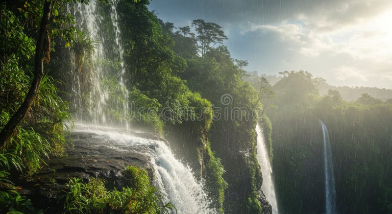 Lush Green Tropical Waterfall Cascading Down Cliff Stock Illustration ...