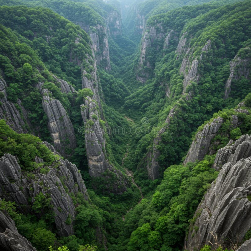 Lush Green Valley with Dramatic Rock Formations Stock Illustration ...