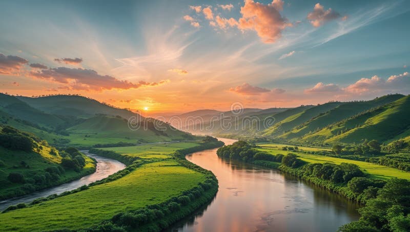 Lush Green Valley River Landscape at Sunset Stock Image - Image of dusk ...