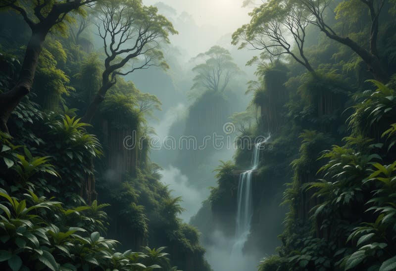 Lush Green Valley with Waterfalls and Mist in Tropical Forest Stock ...