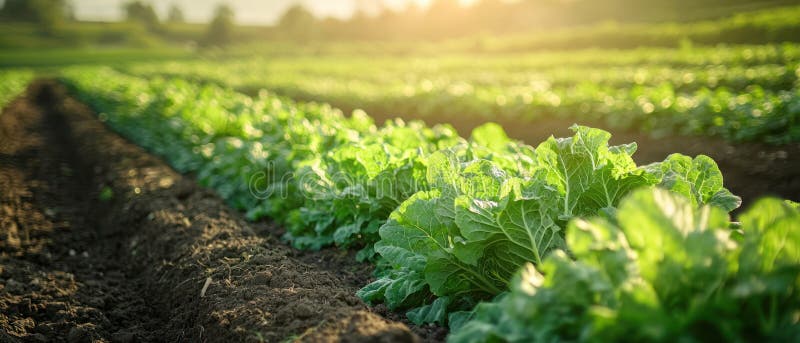 Lush Green Vegetable Farm with Rows of Cabbage in Morning Sunlight ...