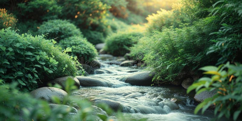 Lush Green Vegetation Surrounding a Flowing Stream Over Rocks Stock ...