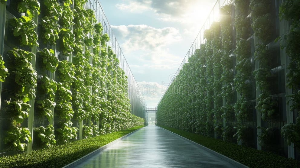 Lush Green Vertical Farm Pathway Under Bright Sunlight Stock ...