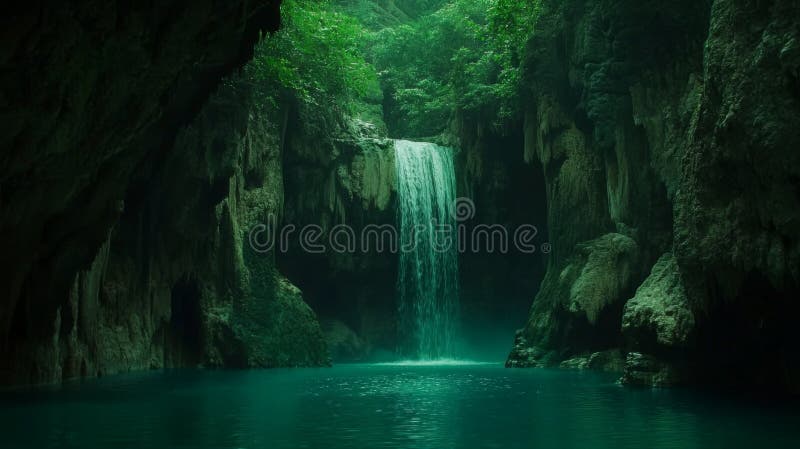 Lush Green Waterfall Cascading into a Serene Cave Pool Stock ...