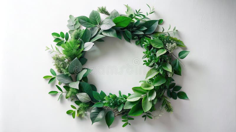 Lush Greenery Circle Wreath of Various Foliage Arranged on a White ...
