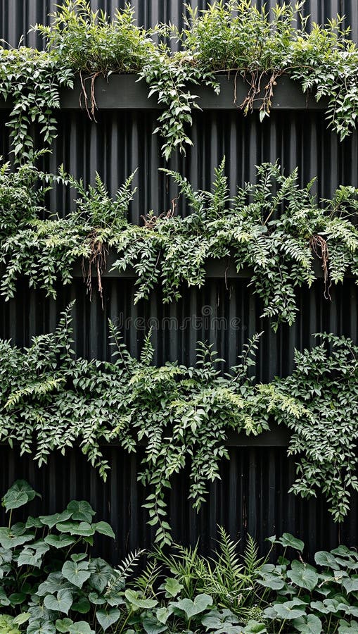 Lush Greenery Draping Over Sleek Black Metal Wall Stock Illustration ...