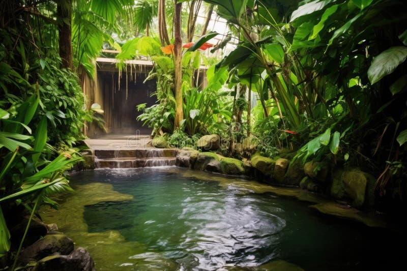 Lush Greenery Enveloping an Open-air Hot Spring Stock Illustration ...