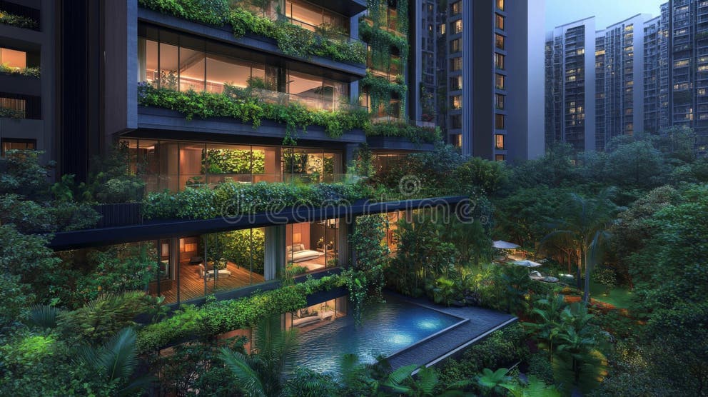 Lush Greenery Envelops Modern Apartment Building at Night Stock ...