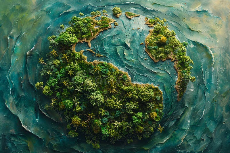 Lush Greenery Forms Shape of Earth, Surrounded by Deep Blue Ocean ...