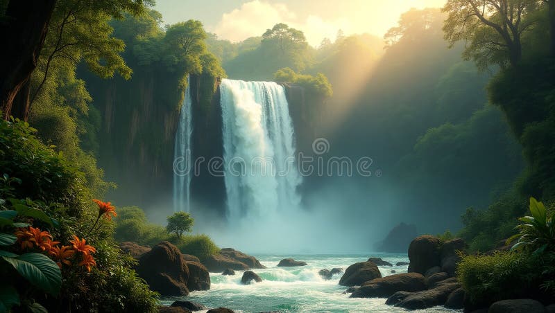 A Scenic Waterfall Cascading Down Rocks Surrounded by Lush Green Forest ...