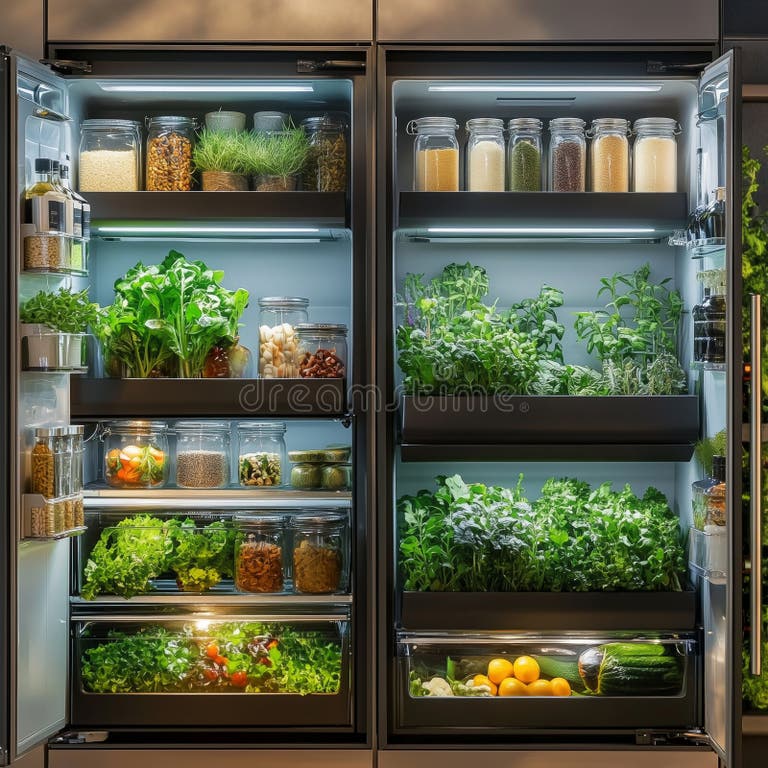 Lush Greenery and Fresh Produce in a Fully Stocked Modern Refrigerator ...