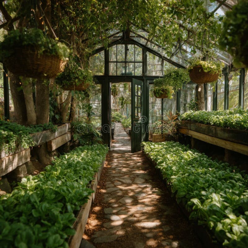 Lush Greenery in a Greenhouse with Stone Pathway Stock Illustration ...