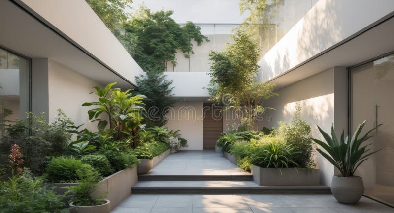 Lush Greenery in Modern Urban Courtyard with Natural Light Stock Photo ...
