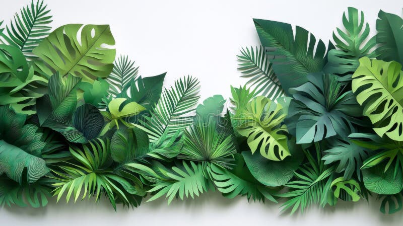 Lush Greenery Paper Art Tropical Leaves Border Stock Illustration ...