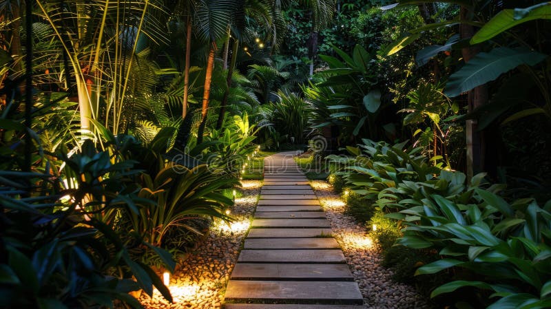 Lush Greenery Path with Hidden Lights Stock Illustration - Illustration ...