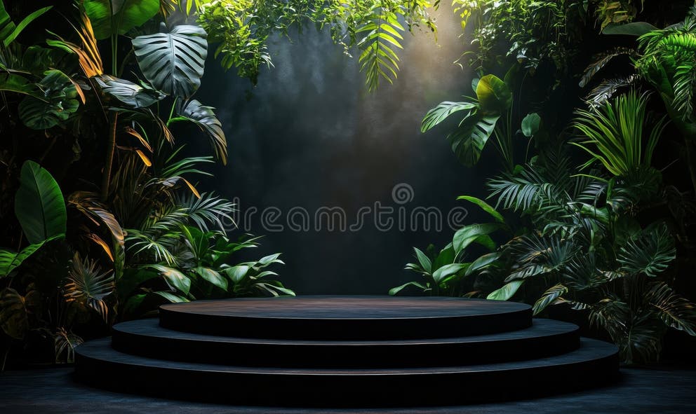 Lush Greenery Stage Surrounded by Tropical Plants and Soft Lighting ...