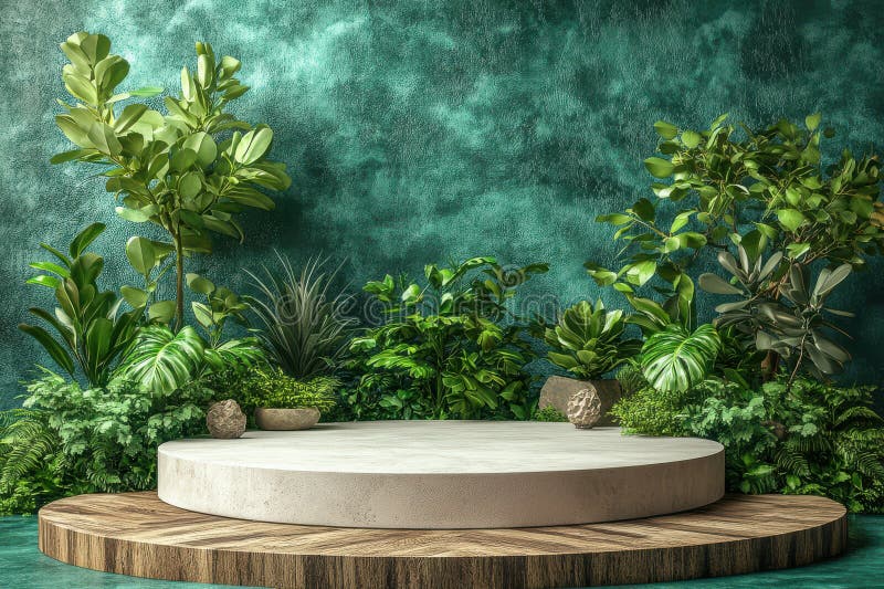 Lush Greenery Surrounds Elegant Wooden and Stone Display Platform Stock ...