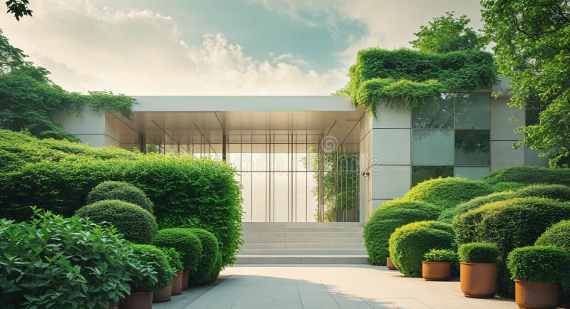 Lush Greenery Surrounds Modern Building Entrance Stock Photos - Free ...