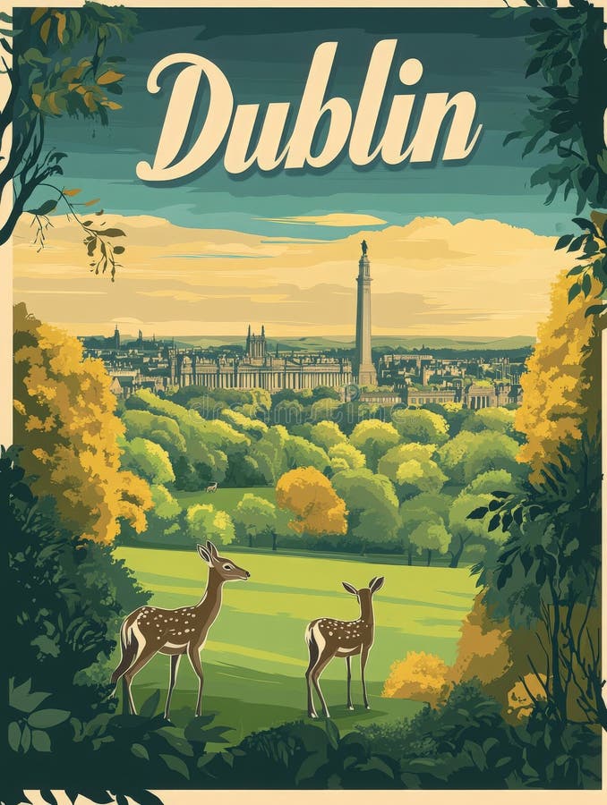 Scenic View of Dublin with Deer in Lush Landscape and Iconic Monument ...