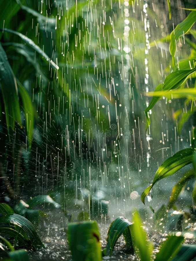 Lush Greenery Under Rainfall a Serene Capture of Fresh Foliage and ...