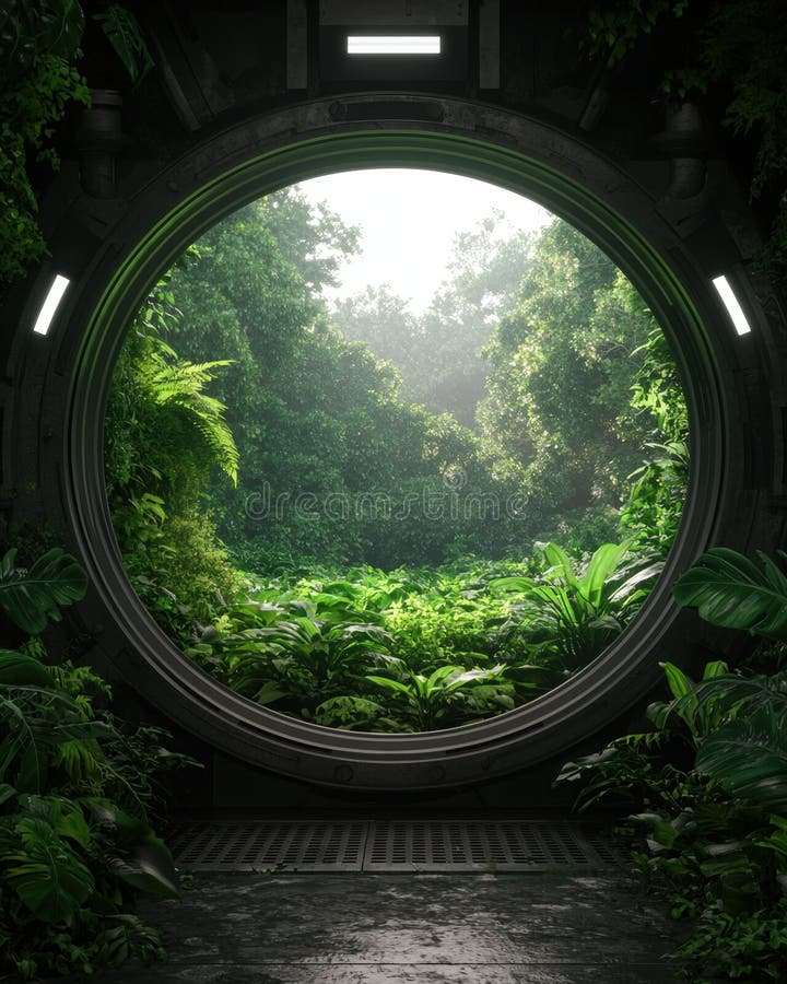 Lush Greenery Viewed through a Futuristic Portal. Stock Illustration ...