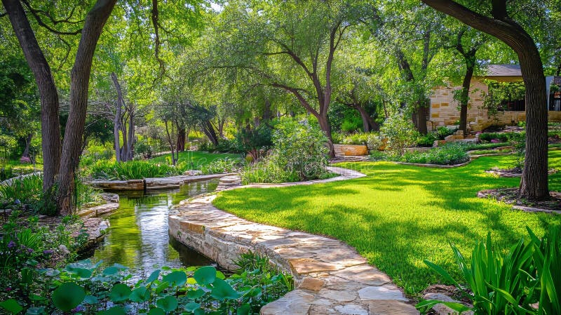 Lush Greenery, Water, and a Tranquil Garden Pathway Stock Photo - Image ...