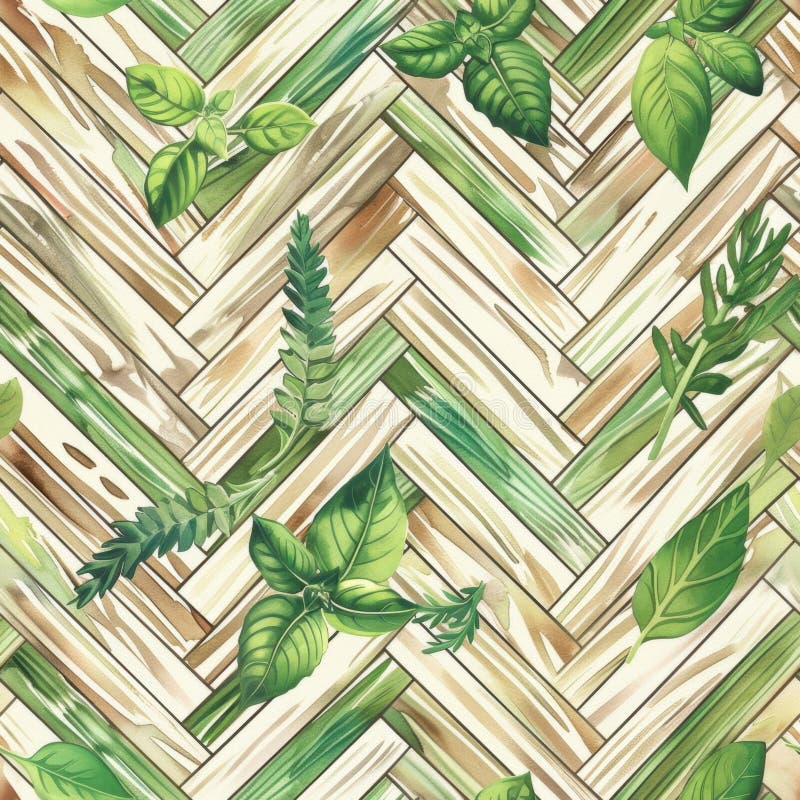 Lush Greenery on Wooden Textures: Botanical Illustration Background ...