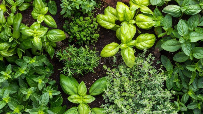 Lush Herb Garden from Above: Basil, Parsley, Rosemary, and Thyme Stock ...