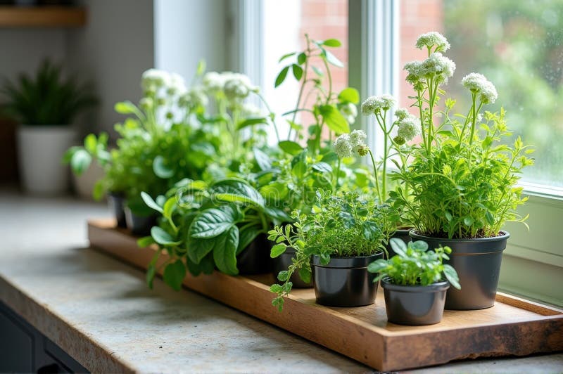 Lush Herb Garden on Kitchen Windowsill with Fresh Greenery in Natural ...