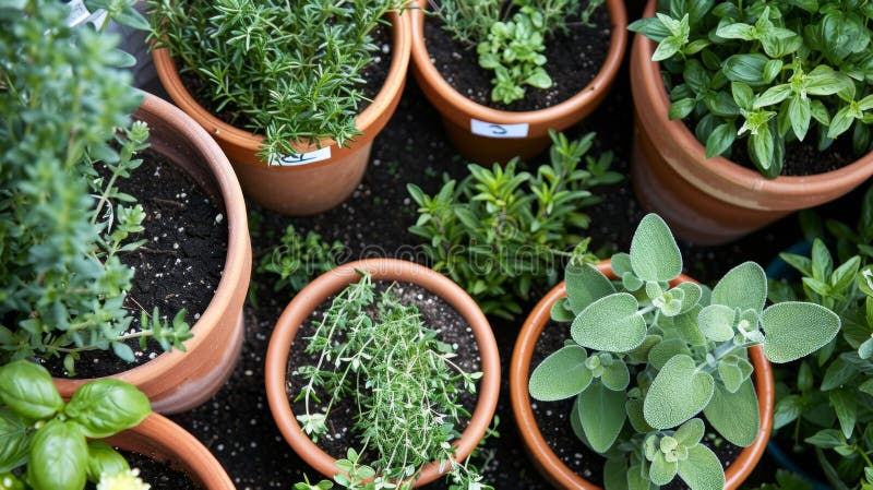 Lush Herb Garden in Terra Cotta Pots, Fresh Culinary Plants Stock Photo ...