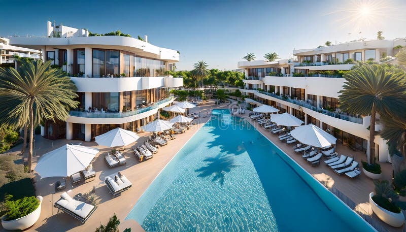 Lush Hotel Poolside with Modern Architecture Under Clear Skies Stock ...