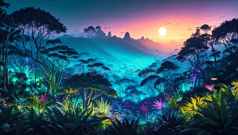 Lush, Imaginary Jungle Scene Features a Vibrant, Colorful Landscape ...