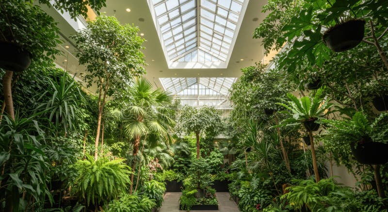 Lush Indoor Garden with Abundant Greenery and Skylight Stock ...
