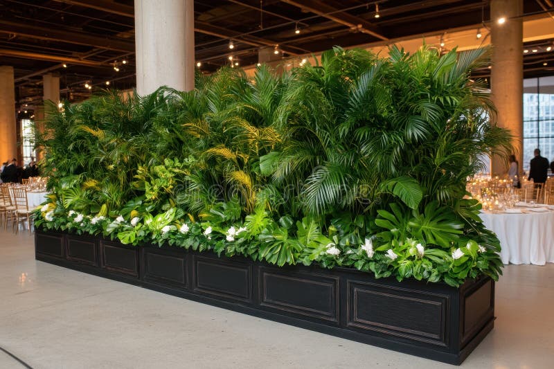Indoor Greenery Display in Large Event Space with Tables Chairs and ...