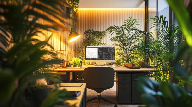 Lush Indoor Office with Computer, Plants, and Warm Lighting Stock Image ...