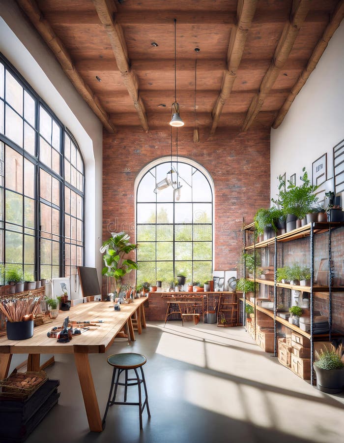 Lush Indoor Plants Adorn a Sunlit Loft with Rustic Decor and Modern ...