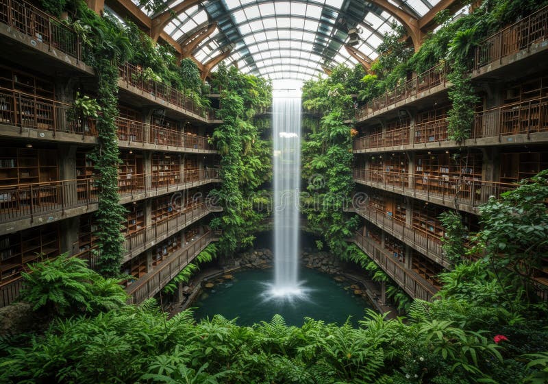 Lush Indoor Waterfall in Modern Atrium Garden with Natural Light and ...
