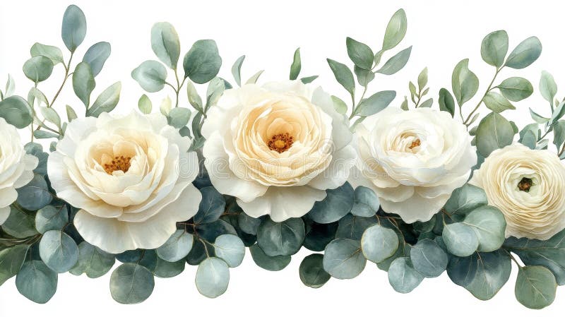 Lush Ivory Roses with Eucalyptus on White Background Isolated Stock ...