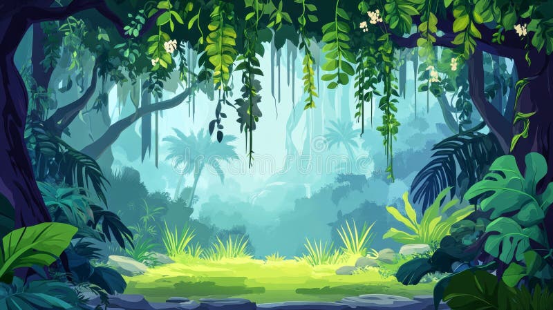 Lush Jungle Backdrop Featuring Hanging Vines and Vibrant Tropical ...