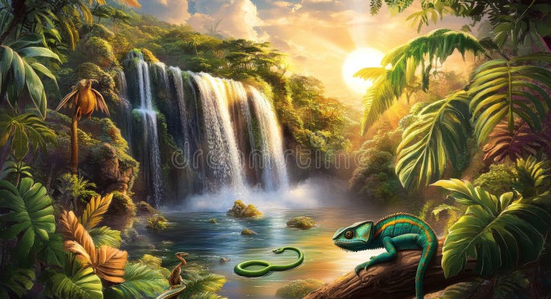A Lush Jungle Features a Waterfall Cascade, Swinging Monkeys, and a ...