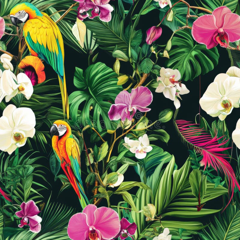 Lush Jungle Floral Pattern Exotic Orchids Bright Parrot Feathers Stock ...