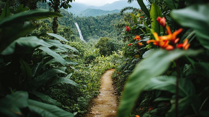 Lush Jungle Path Leading To a Hidden Waterfall Stock Photo - Image of ...