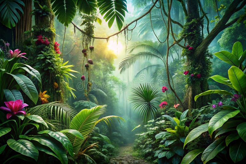 Lush Jungle Path, Misty Forest, Vibrant Flora, Sunrise Stock ...