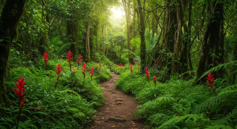 Lush Jungle Path with Red Flowers and Sunlight Stock Illustration ...