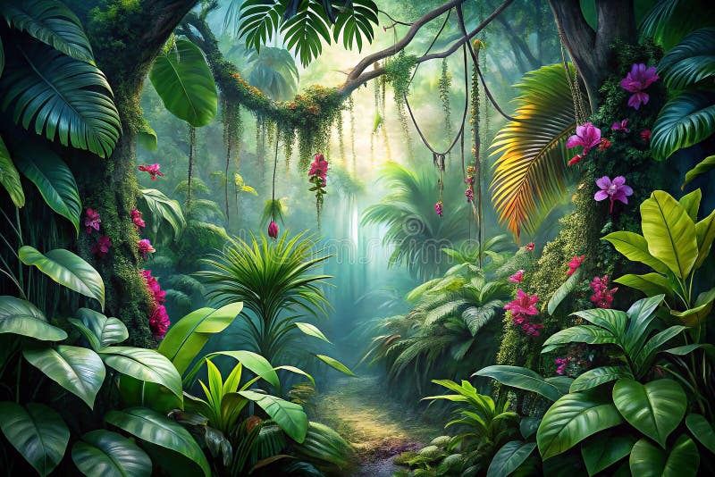 Lush Jungle Path, Sunlight Filtering, Vibrant Flora, Background of Deep ...