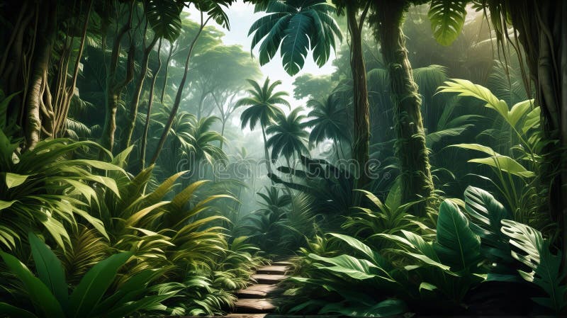 Lush Jungle with a Path through it Stock Image - Image of scenery, mist ...