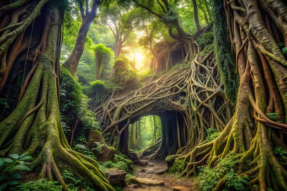 Lush Jungle Pathway through Tangled Roots, Sunlight Filtering Stock ...