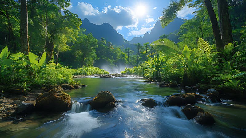 Lush Jungle River Flows, Mountains Background, Sunlight, Peaceful ...