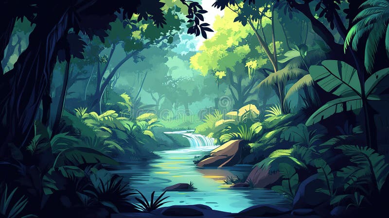 Lush Jungle River Scene with Waterfall Stock Photo - Image of nature ...